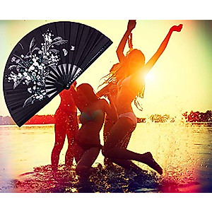 Amajiji Rave Hand Folding Fans - 13 Inch Large Bamboo Handhelp Folding Fan for Women and Men, Hand Fan - Festival Rave Accessories for Decorations Party Dance Performance Gift (Flower)