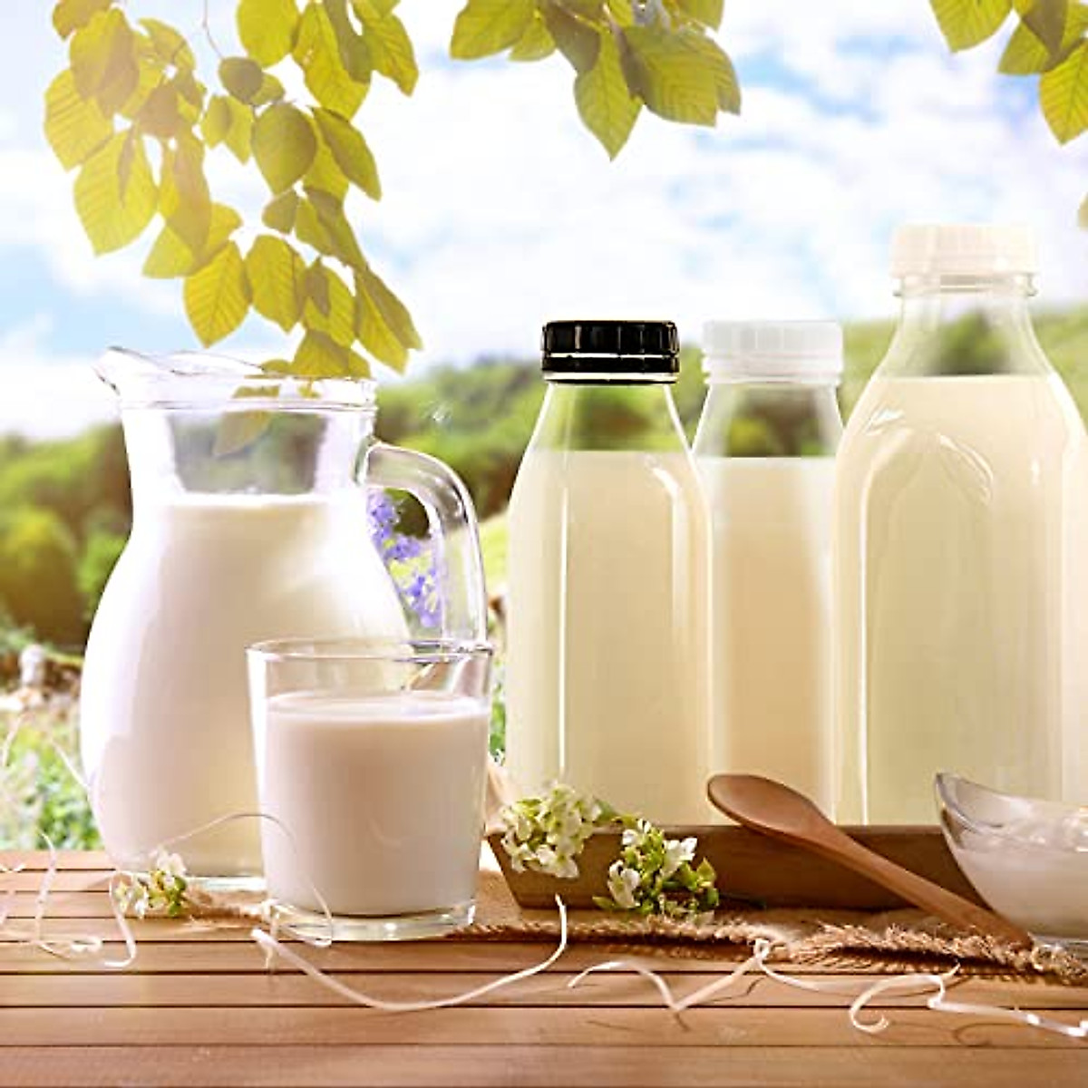 YEBODA 32oz Glass Milk Bottle with Plastic Tamper-proof Caps (4 Pack) Vintage Reusable Dairy Drinking Containers, Glass Bottles for Milk, Juice,Yogurt, Smoothies, Tomato Sauce, Jam, Syrup