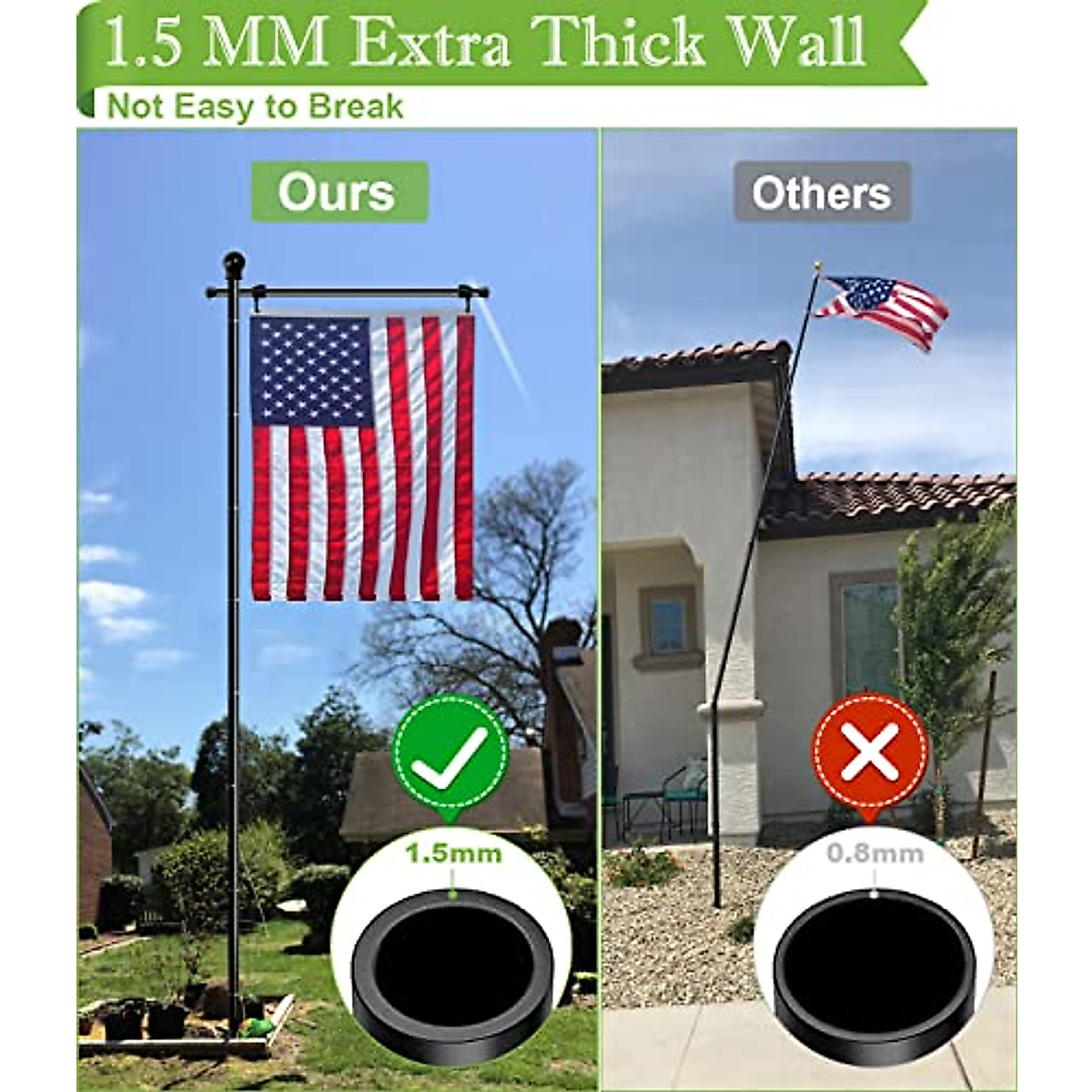 Koutemie 10FT Garden Flag Pole Stand with 5 Prong Base for 3x5 American flags, Adjustable Heavy Duty Outdoor Flagpole Holder Kit for Yard Decoration, 1 Pack