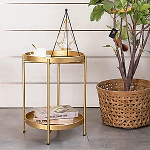 FUNME Gold Folding End Table 2-Tier Metal Round Side Table with Removable Tray for Living Room,(15.2''Dx20''H)