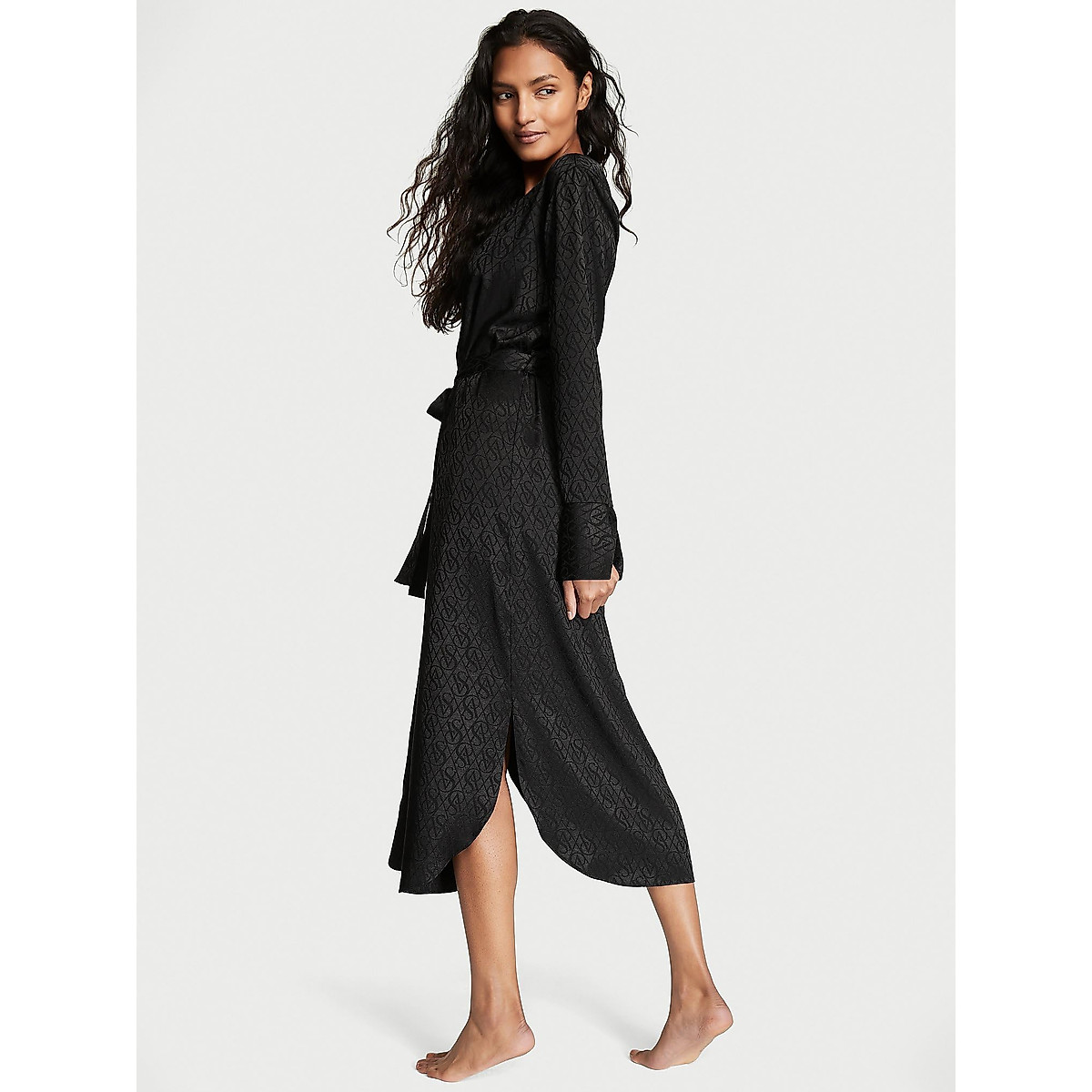 Victoria's Secret Icon Satin Long Robe, VS Logo Kimono, Women's Lingerie, Black (XS/S)