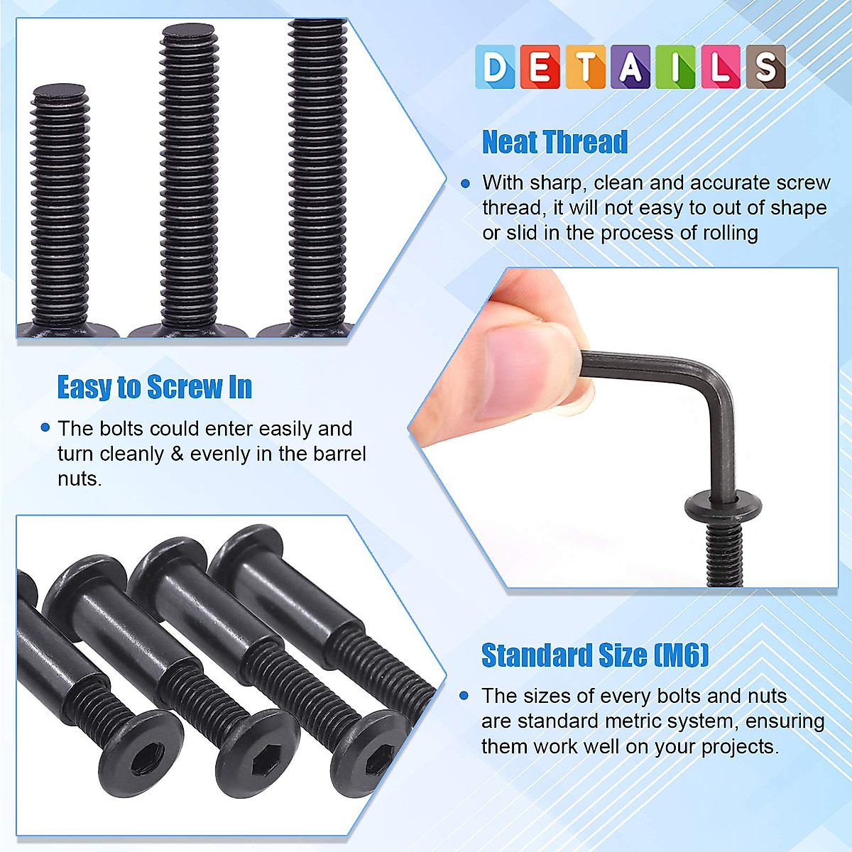 Glarks 85Pcs M6x20/ 30/40/ 50/60/ 70/ 80mm Black Hex Drive Socket Cap Bolts Kit, Allen Head Countsunk Furniture Crib Bolts Nuts Screws for Chair Table Cabinets