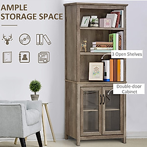 HOMCOM 71" Bookcase Storage Hutch Cabinet with Adjustable Shelves and Glass Doors for Home Office, Kitchen, Living Room, Natural Wood