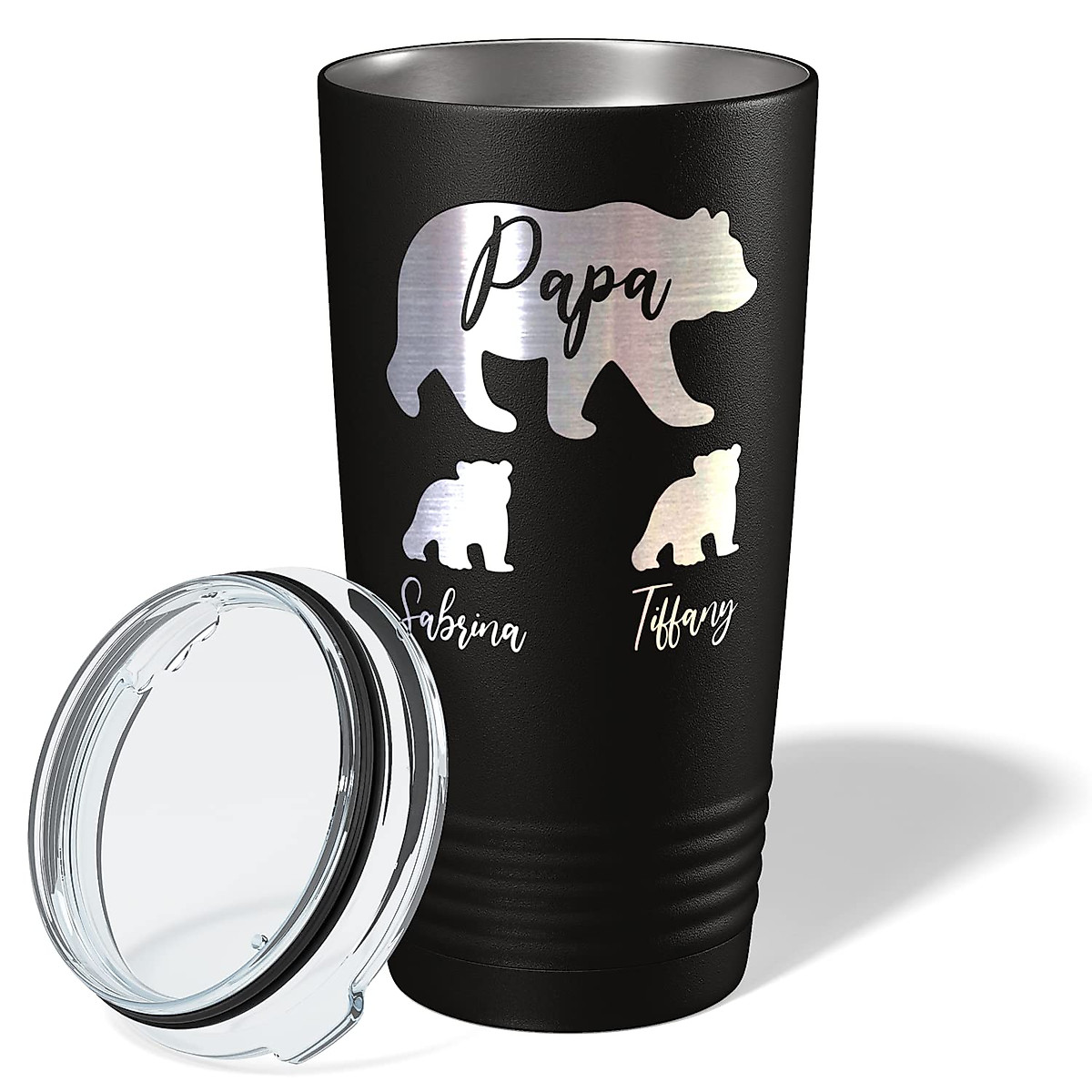 Papa Bear Tumbler Personalized Engraved Cubs on Black Matte 20 oz Custom Insulated Stainless Steel Cup with Lid for Dad Father Gift