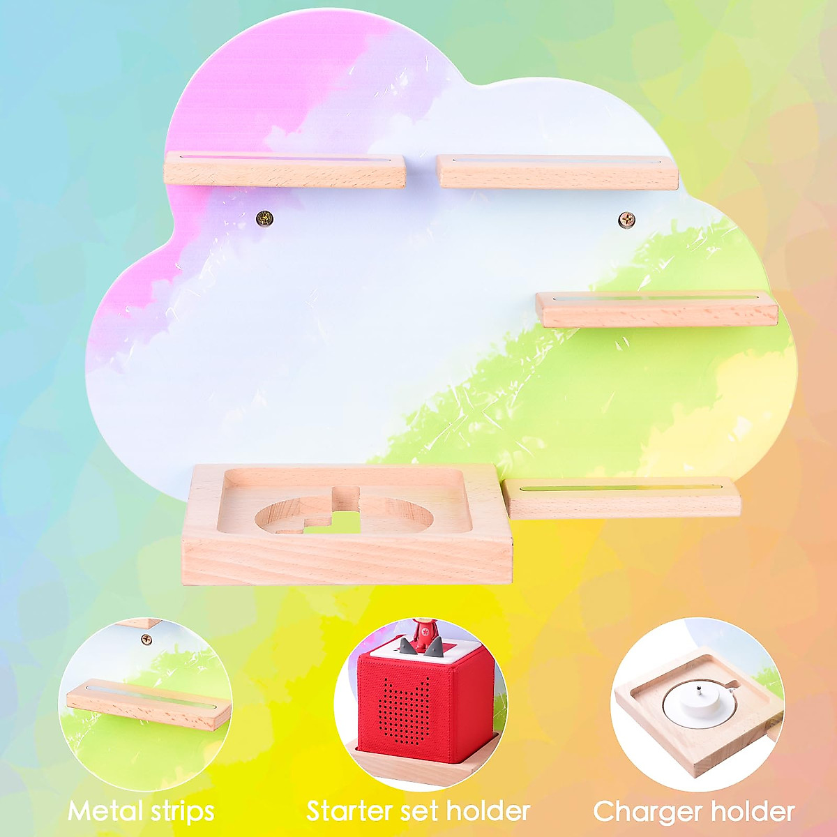 DDgro Wooden Shelf for Toniebox Audio Player Starter Set Playful Magnetic Storage Rack for Tonie Characters, Charger (Cloud Shape)
