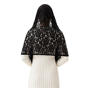 PAMOR Women Rectangular Chapel Veil Scarf Catholic Church Veils Mantilla Wrap Shawl Mass Head Covering (Black)