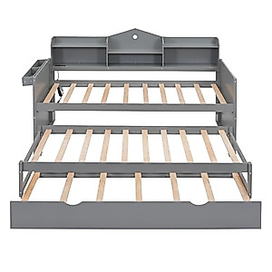 Bellemave Twin XL Daybed Captain Bed with 2 Twin Trundles and Storage Shelf Wooden Day Bed with USB Charging Ports for Kids, Boys and Girls No Box Spring Needed (Grey)