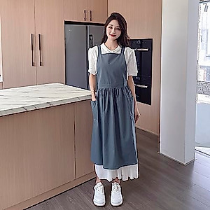 TALIBSA Pinafore Apron Dress，Japanese Cotton Linen Cross Back Apron for Women with Pockets，Pinafore Dress with Waist Ties (Turquoise Blue)