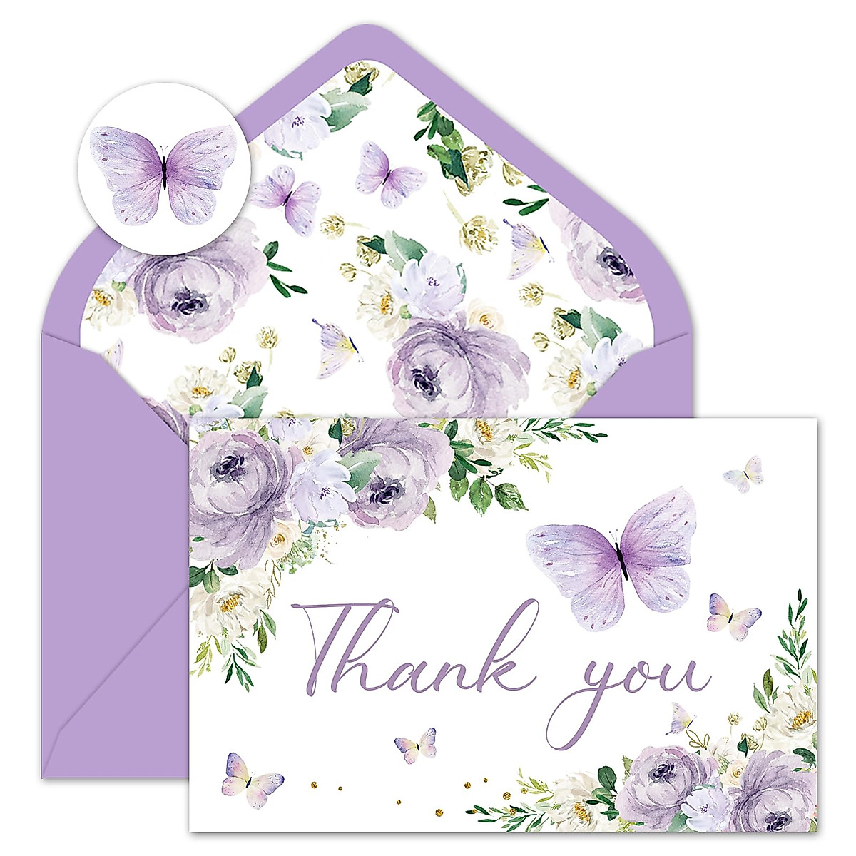 Whaline 24Pcs Floral Butterfly Thank You Cards Purple Flower Greeting Cards with Envelope Stickers Spring Watercolor Blank Note Cards for Birthday Wedding Baby Shower Bridal Shower, 4 x 6 Inch