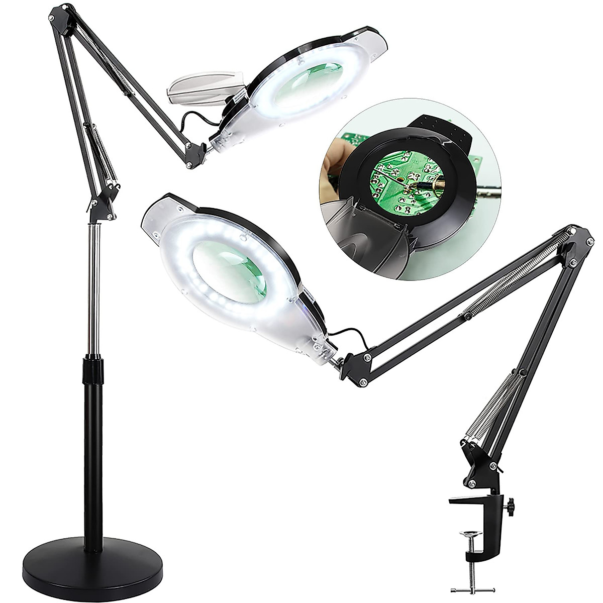LED Magnifying Glass Floor Lamp with Clamp, KIRKAS 2,200 Lumens Super Bright Stepless dimming Facial Magnifier Lamp, Adjustable Stand and Swivel Arm Floor Light for Repair, Crafts and Tasks - Black
