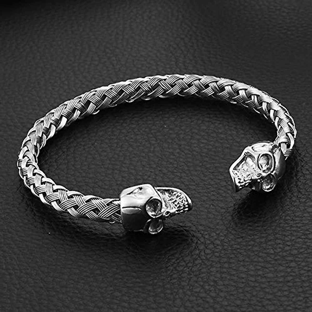 Forziani TENACITY Double Skull Steel Cuff Bracelet for Men - Adjustable Size - Men's Open Cuff Bangle Bracelet in Stainless Steel - One Size Fits All