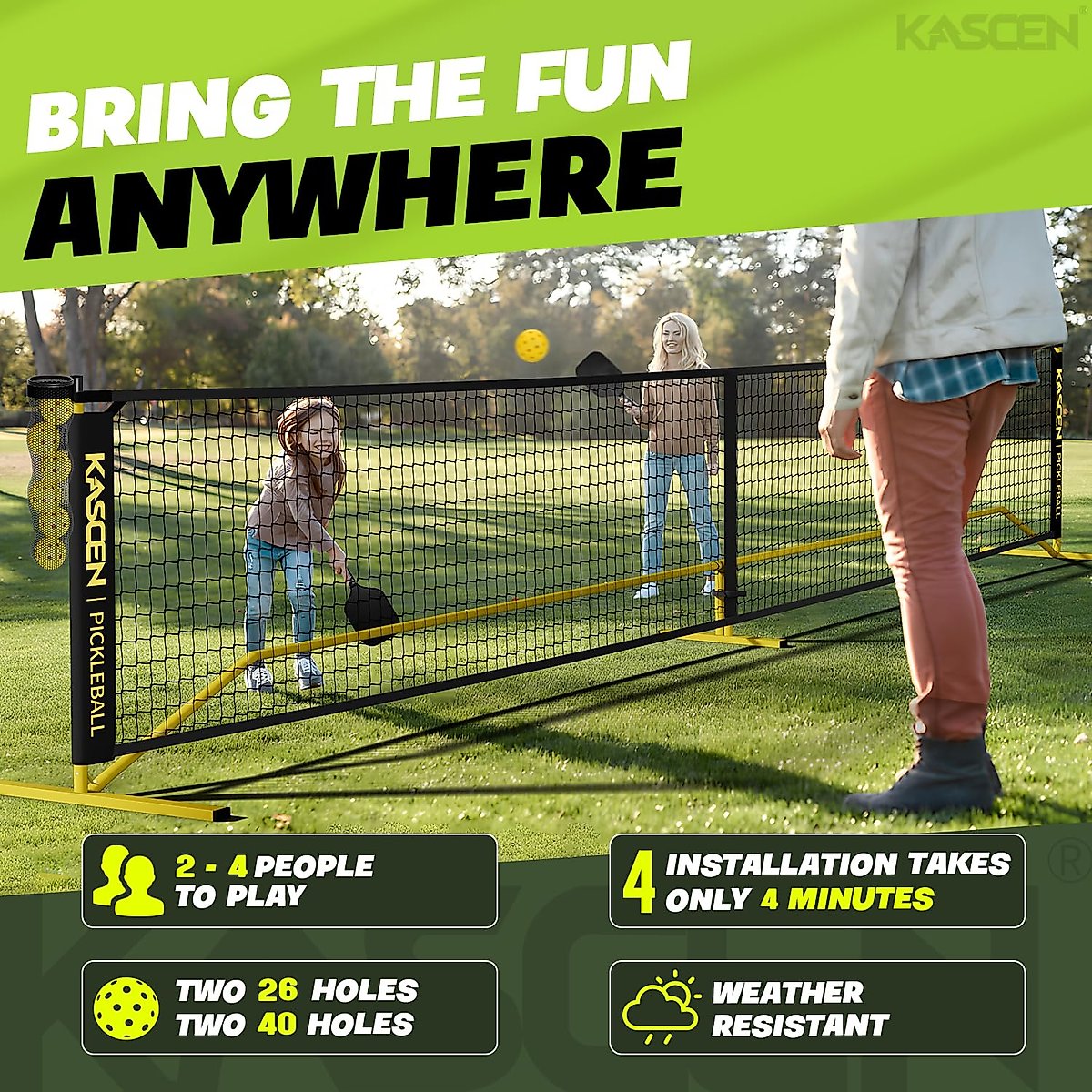 KASCEN Pickleball Net - Pickleball Net for Driveway, 22FT USAPA Portable Pickleball Set with Net, Pickle Ball Net with 4 Pickleballs & Carry Bag, Pickle Ball Net for Outdoor Indoor Court Backyard