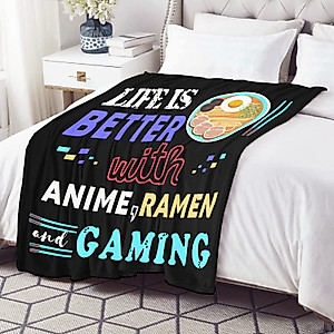 Ramen Noodle Blanket Throw,Life is Better with Gaming Ramen Anime Gifts for Kids Boys Men Soft Lightweight Plush Fleece Quilt 50 in x 40 in Small for Kids