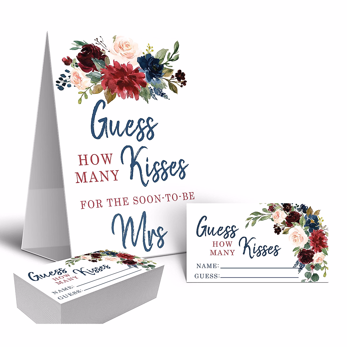 Your Main Event Prints Burgundy and Navy How Many Kisses Game Sign and Cards Great for Bridal Showers and Weddings, Neutral Floral