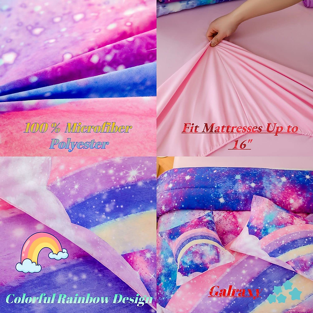 ANGIYUIN 6 Pcs Tie Dye Pink Twin Comforter Set for Girls, 3D Rainbow Galaxy Gradient Themed Bed in A Bag, Pastle Nebula Kids Bedding Set with Sheets, Comforter and Pillowcases for All Season