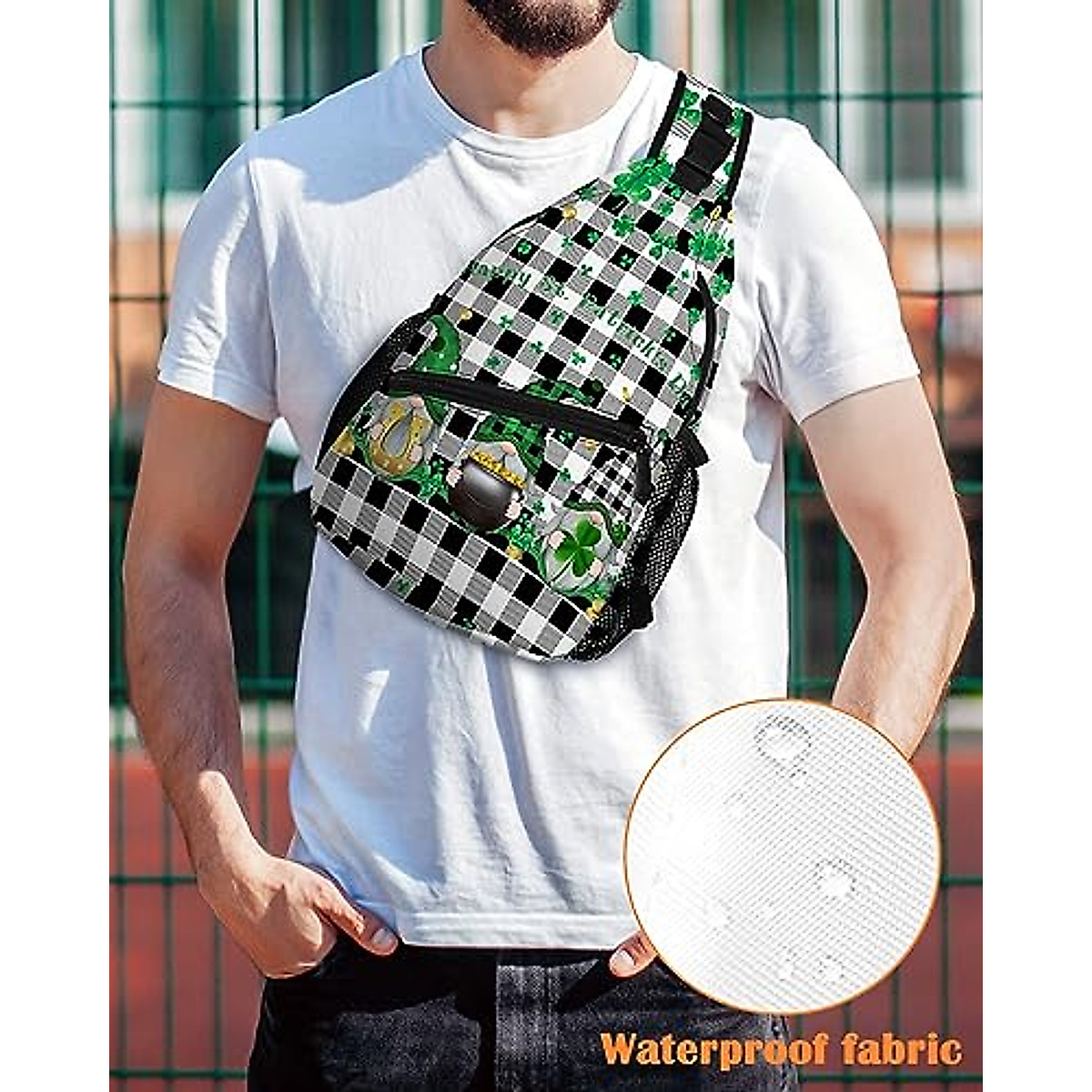 Sling Backpack, St.Patrick's Day Shamrocks Gnome Black and White Buffalo Plaid Waterproof Lightweight Small Sling Bag, Travel Chest Bag Crossbody Shoulder Bag Hiking Daypack for Women Men