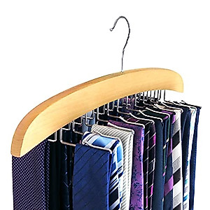HANGERWORLD Hanging Tie Holder Organizer Rack - Premium Wooden Tie Hanger with 24 Folding Accessory Hooks for Closet Space Saving