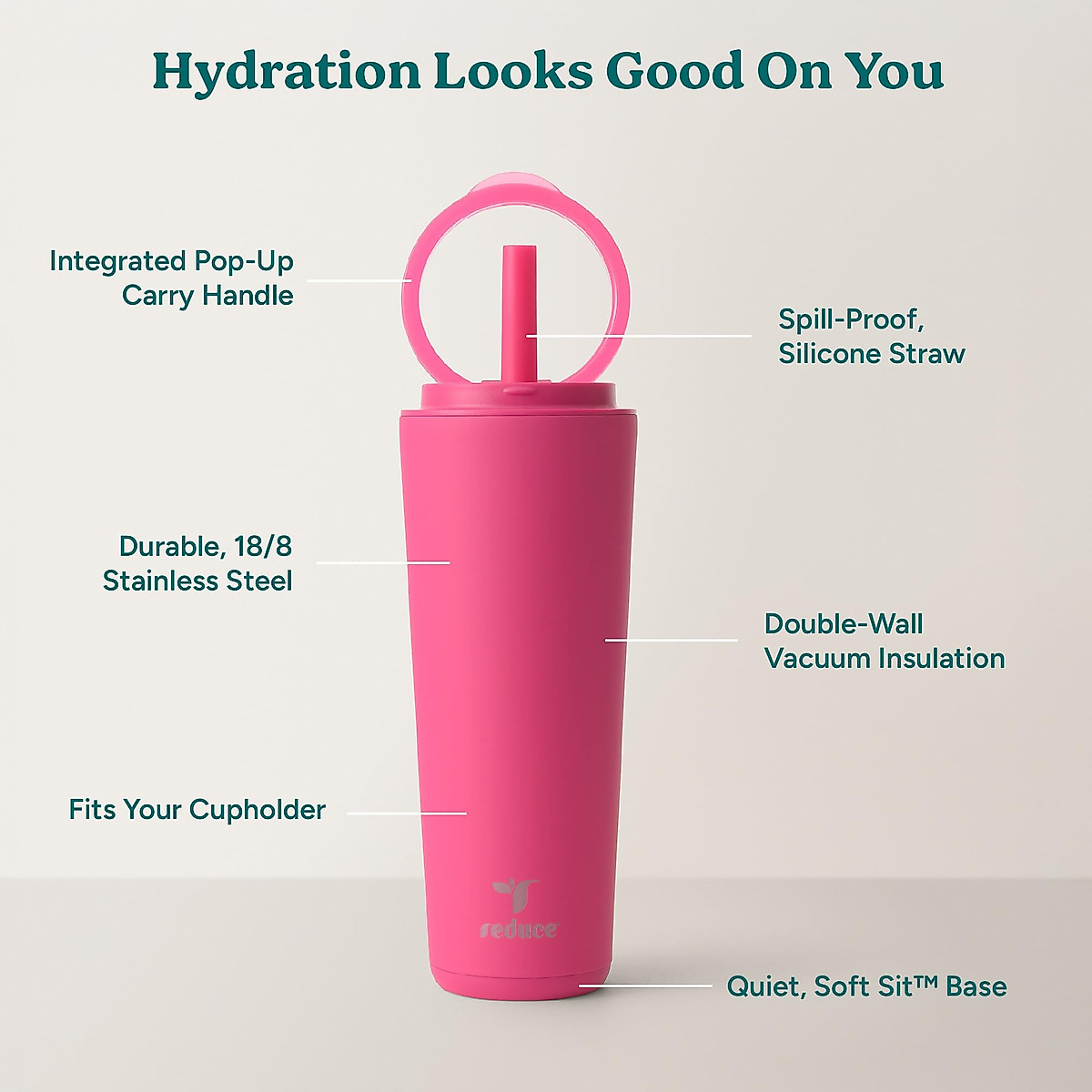 REDUCE Halo 24 oz Stainless Steel Vacuum Insulated Tumbler - Spill Proof Travel Mug with Flip Handle Lid - Keeps Drinks Cold for 32 Hrs - Dishwasher Safe - Cupholder Friendly - Dragonfruit