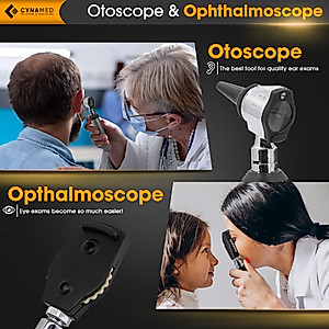 CynaMed ENT Diagnostic Kit - Ear, Nose, Throat Examination Instruments Set - Otoscope, Opthalmoscope, Earwax Remover, Nasal Dilator, Speculum, LED Lights, Mirrors, Replacement Tips, Leather Carry Bag