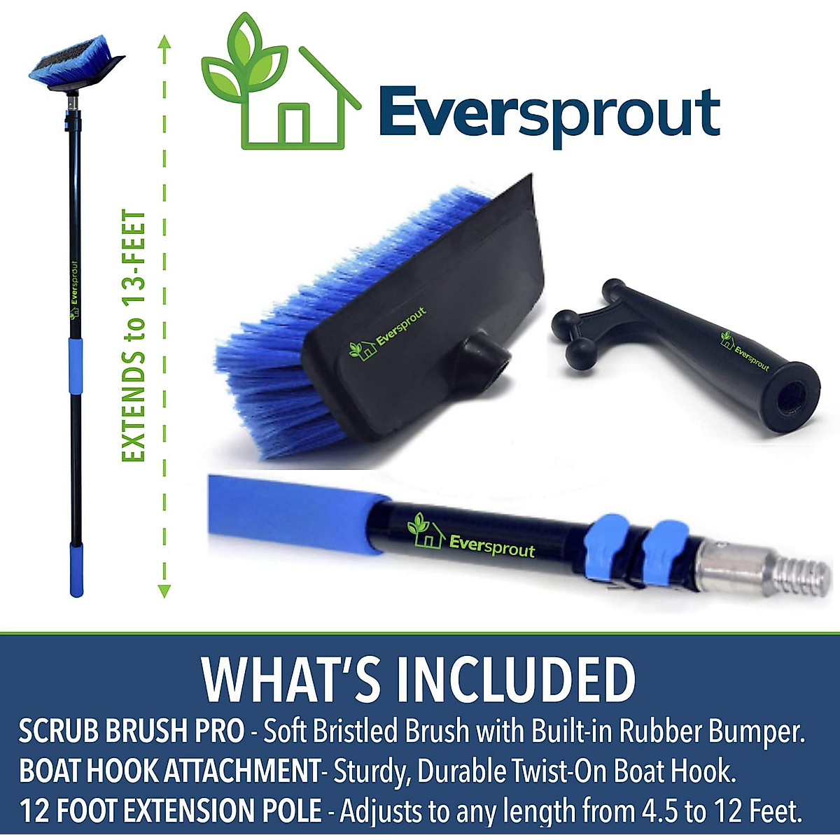 EVERSPROUT 5-to-12 Foot Boat Hook & Scrub Brush Kit (15-20 Foot Reach) | Soft-Bristle Deck Brush with Built-In Bumper Prevents Scratching | Durable Lightweight 3-Stage Extension Pole | Floating Design