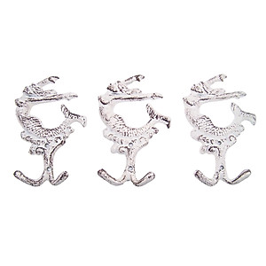 Wowser White Distressed Mermaid Cast Iron Double Wall Hooks, Nautically Themed Wall Décor, Set of 3, 5.5 Inches