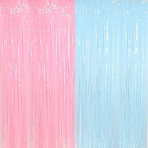 Pastel Fringe Curtains 3.2 ft x 6.6 ft Baby Shower Gender Reveals Party Decoration Party Photo Backdrop (Pink/Blue)