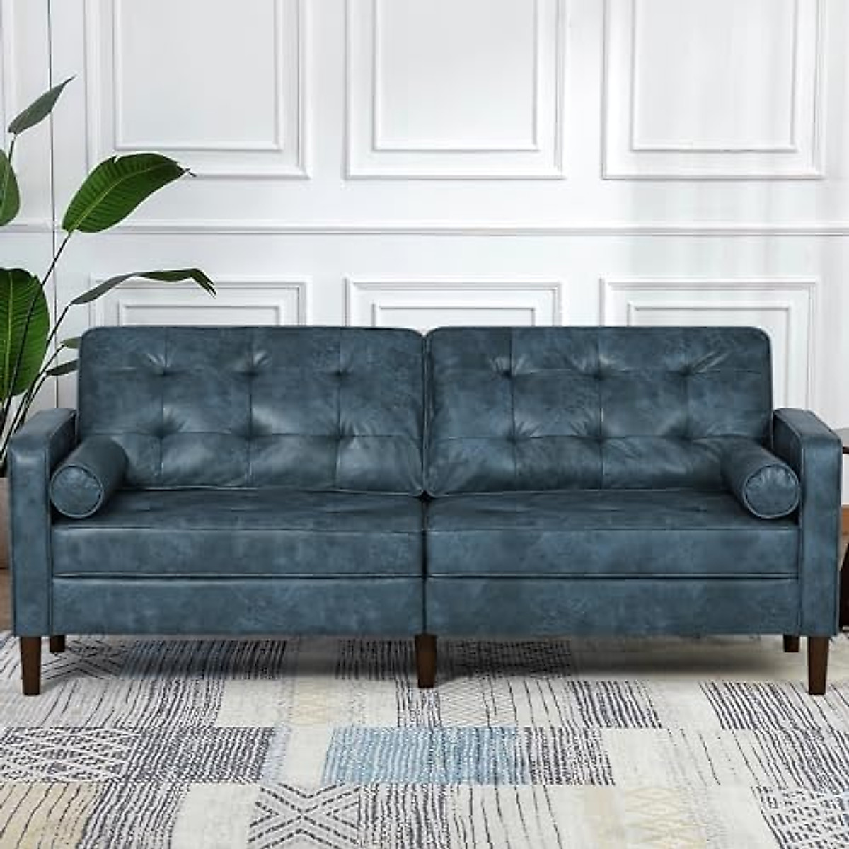 Lesofair 80" Faux Leather 2-seat Sofa with 2 Bolster Pillows, Tufted Loveseat with Wooden Legs, Modern Couch Suitable for Living Room, Office, Blue