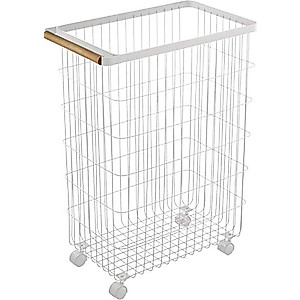 Yamazaki Home Wire Slim Saving Rolling Wheeled Clothing Hamper | Steel + Wood | Laundry Basket, One Size, White & Tower Sanitary Step Trash Can, One Gallon ?€? Small Home Waste Bin