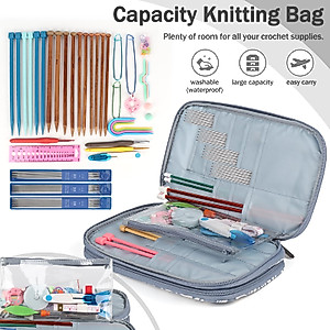 Katech Empty Knitting Needles Case Portable Travel Crochet Hooks Case Zipper Storage Bag Organizer with Transparent Pocket and Holder Slots for Carrying Knitting Needles and Crochet Accessories (Grey)
