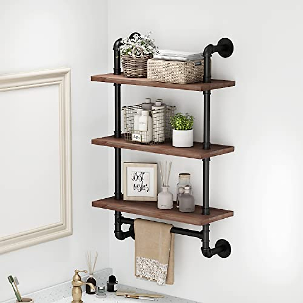 Industrial Bathroom Shelves Rustic Wood Shelves with Towel Bar 24" Farmhouse Shelf for Wall Pipe Shelving-3 Layer