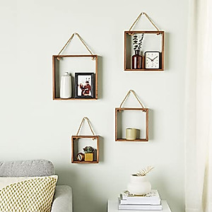 Farmlyn Creek Set of 4 Brown Square Wall Hanging Shelves for Closet, Rustic Wooden Cube Shelf for Bathroom with Rope, (4 Sizes)