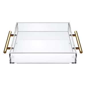 BEYLANG Acrylic Serving Trays Breakfast Decorative Trays for Ottoman Coffee Table (12x12 Inch with Golden Handles, Clear)
