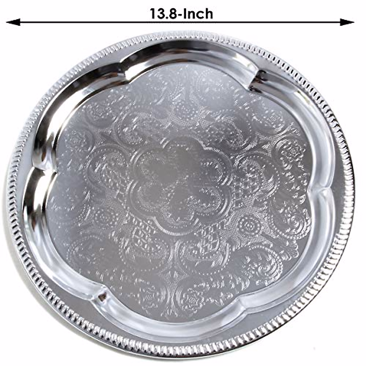 Maro Megastore (Pack of 4) 13.8-Inch Elegant Round Floral Pattern Engraved Catering Chrome Plated Serving Plate Mirror Tray Platter Tableware Holiday Wedding Birthday Party Deco Art (Medium) T226-4pk