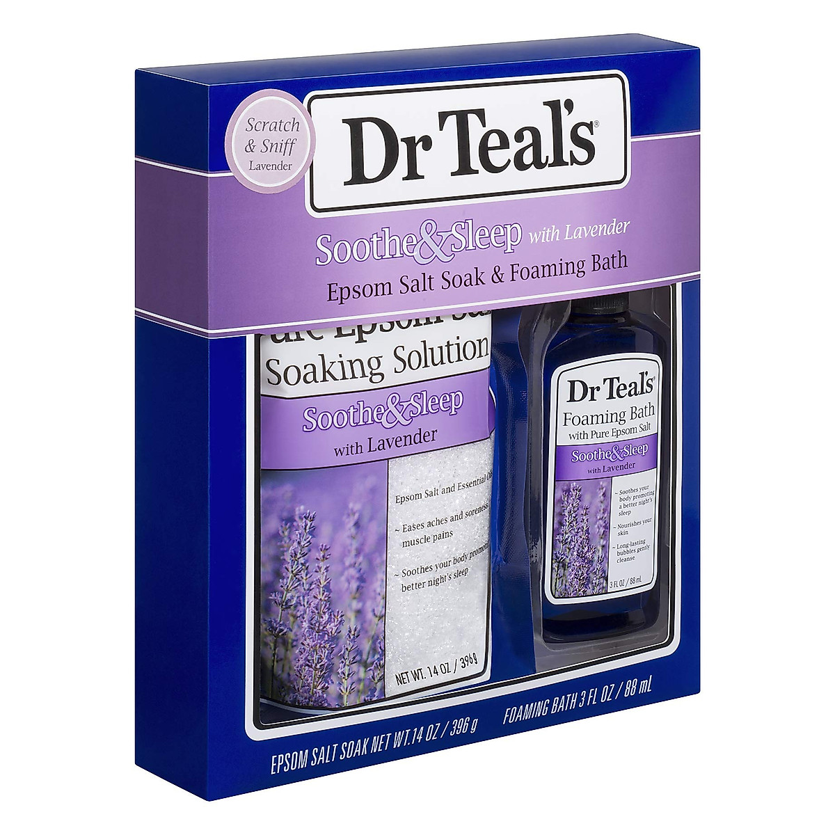 Dr Teal's Lavender Epsom Salt & Foaming Bath Oil Sampler Gift Set 2022 - Give The Gift of Relaxation & Peaceful Slumber! - 14 oz Bag of Lavender Bath Salts & 3 oz Bottle of Lavender Foaming Bath Oil