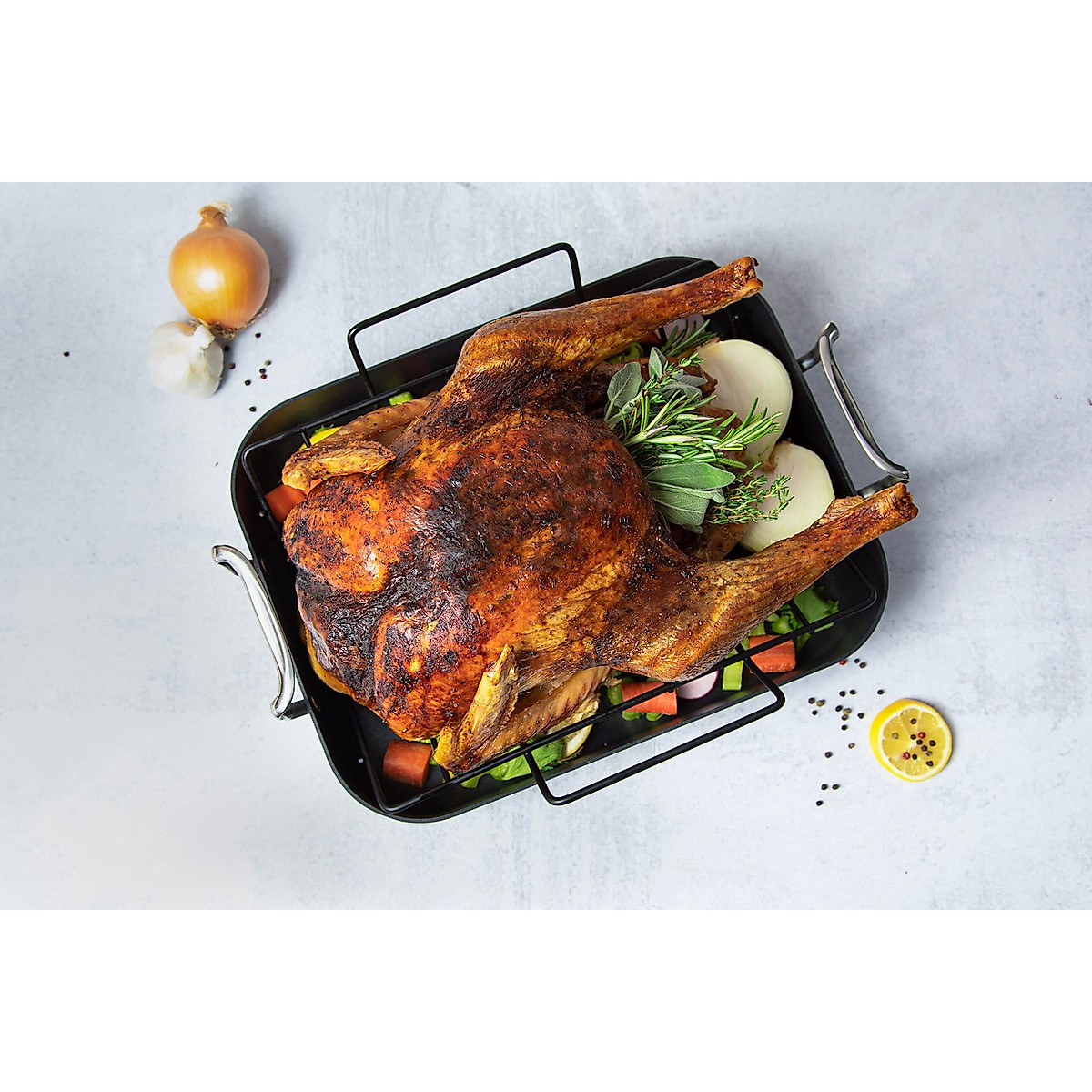 Turkey Roasting Pan, By Kook, Hard Anodized Roaster, Non stick, with Metal Rack and Stainless Steel Handles, 17 Inches from Handle to Handle (Grey)