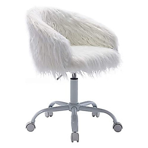 Cute Fluffy Desk Chair Rolling Vanity Chair with Back Faux Fur Home Office Chair with Wheels Adjustable Height Armchair for Teens Adults Study Room Bedroom, White