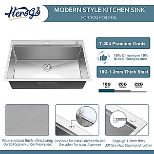 33x22Inch Drop In Kitchen Sink, Herogo Stainless Steel Single Bowl Kitchen Workstaion Sink Basin, Handmade 10'' Deep Kitchen Sink with Accessories