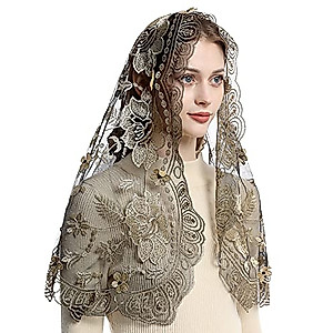 Bozidol Catholic Chapel Mantilla Veil Spanish Lace Head Covering Church Mass Veil for Religious Christian (Black-Gold)