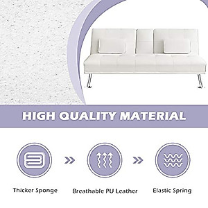 Giantex Convertible Futon Sofa Bed, Faux Leather Sectional Couch Sleeper, Removable Armrests 2 Cup Holders Backrest Adjustable, Upholstered Small Guest Bed for Apartment Living Room White