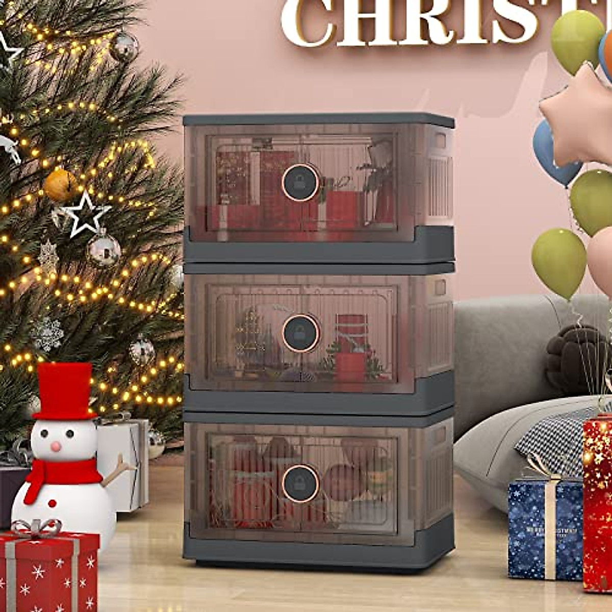 Btalani Collapsible Storage Bins with Lids, Stackable Storage Box with Wheels & Doors, Rotating to Lock & Unlock, 8.72 Gal Plastic Storage Bins for Home and Outdoor, 3-Pack, Grey