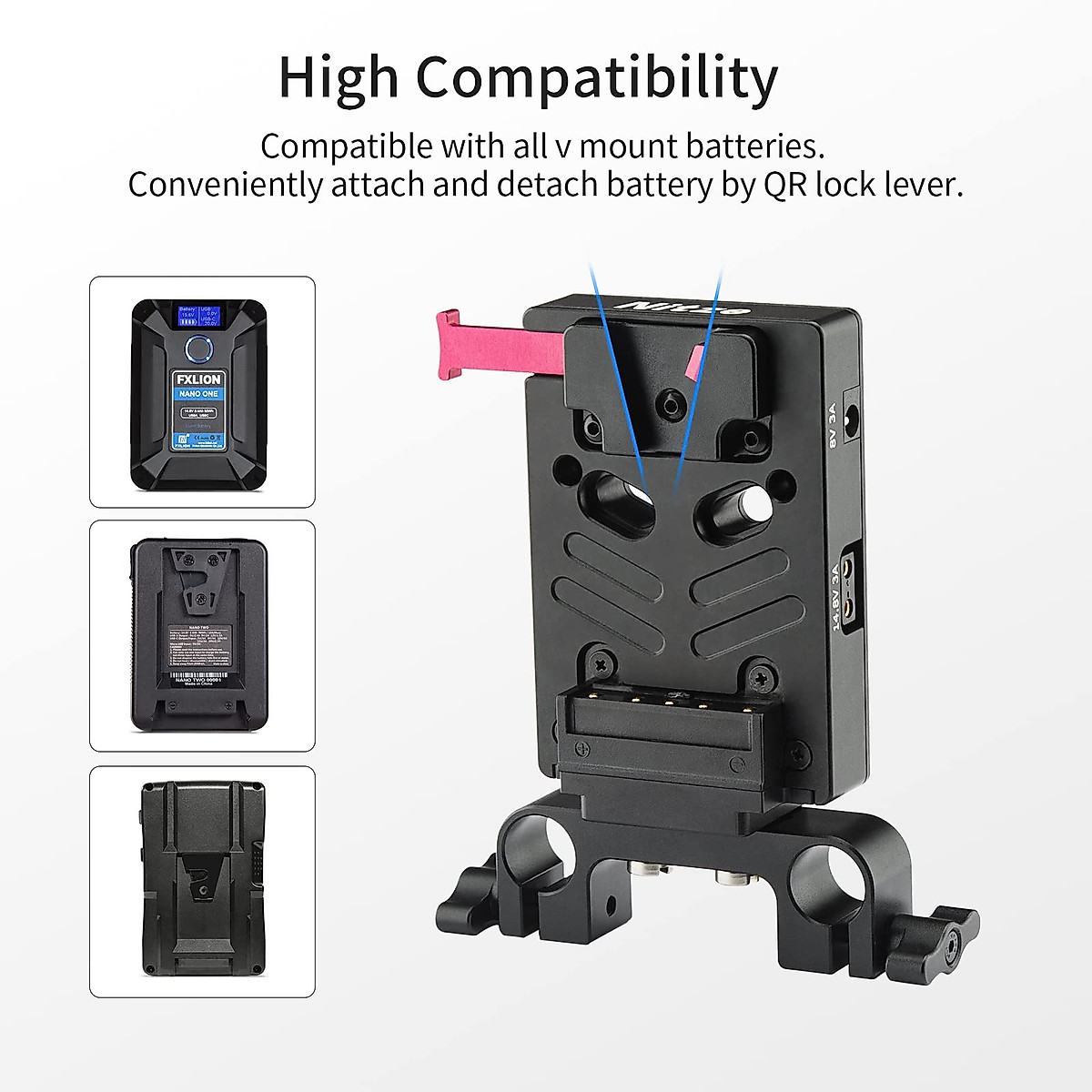 Nitze V Mount Battery Plate, V Mount Plate with 15mm Rod Clamp, 8V/3A DC, 14.8V/3A D-tap and PD 3.0 USB-C Output Ports - N21-D7