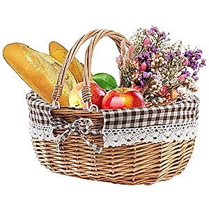 Peohud Wicker Picnic Basket with Double Folding Handles, Empty Baskets for Gifts, Woven Easter Basket, Willow Picnic Hamper Garden Harvest Basket for Easter Egg Gathering, Candy, Toys, Wedding