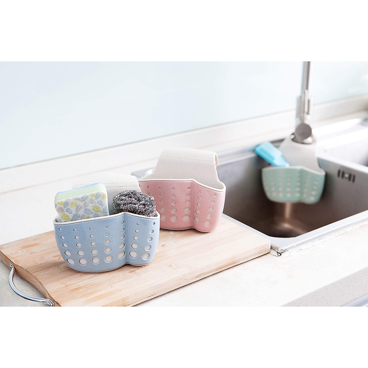 Hanleydepot sink caddy sponge holder for kitchen sink faucet hanging caddy organizer for sponge, brush, soap and towel Blue