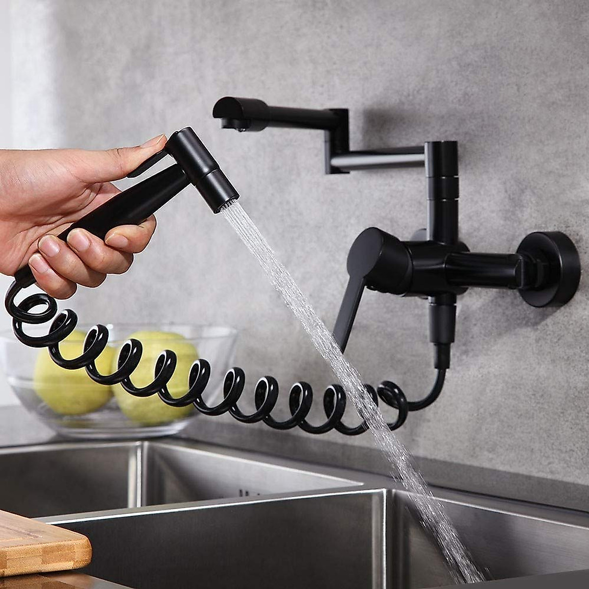 BULUXE Black Pot Filler Kitchen Sink Faucet with Sprayer, Modern Single Handle Retractable Wall-Mount Pot Filler Faucet with Swing arm in Matte Black Solid Brass