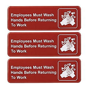 Excello Global Products Employees Must Wash Hands Before Returning to Work Sign: Easy to Mount Plastic Safety Informative Sign with Symbols Great for Business, 9"x3", Pack of 3 (Red)