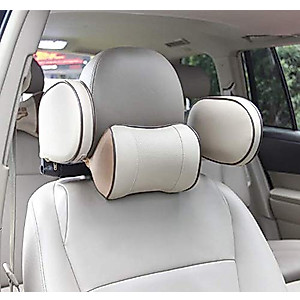 Car Seat Headrest Pillow, Support Neck Pillow Head Protection Cervical Spine Adjustable on Both Sides Telescopic Version PU Leather Universal for Kids Adults Travel(Beige)
