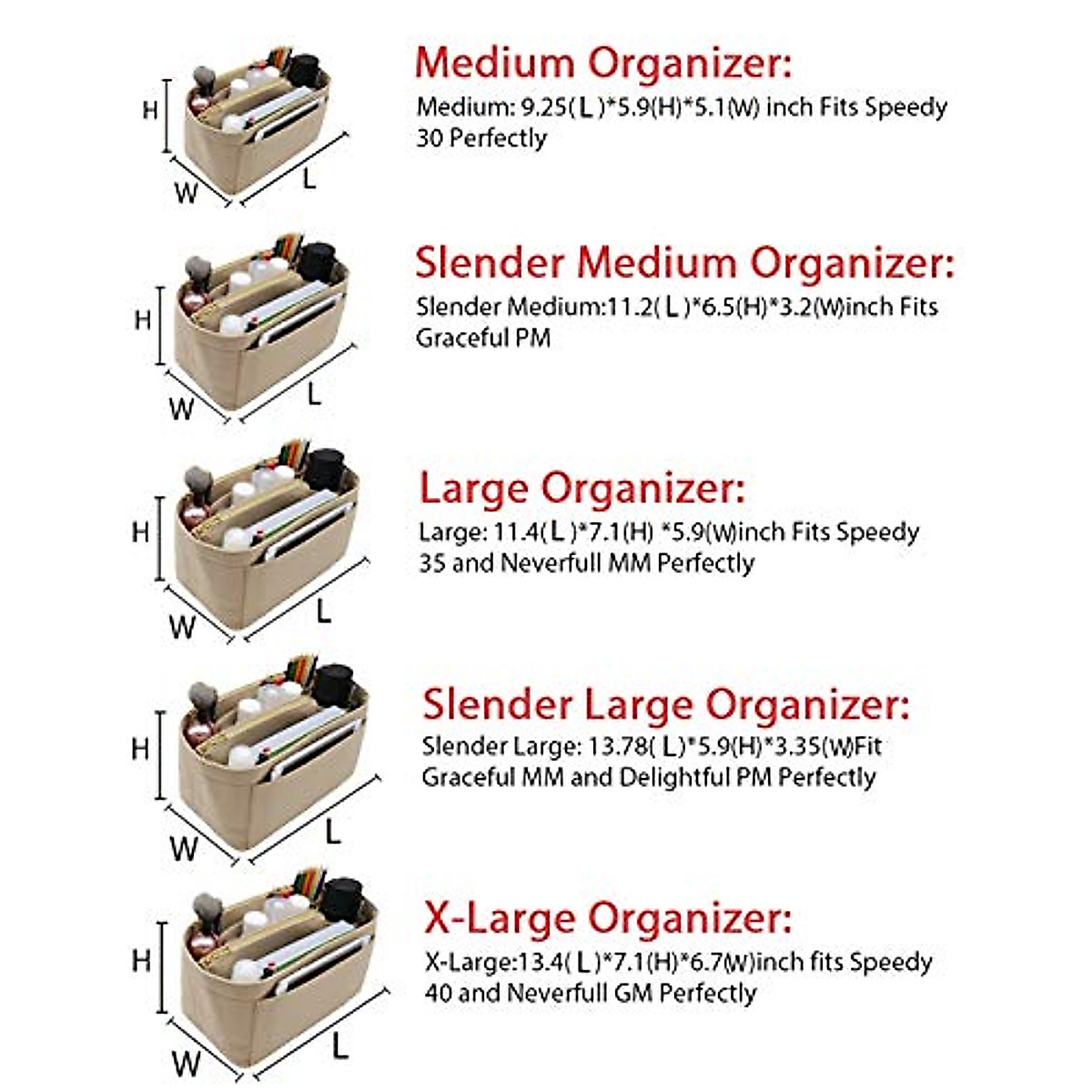 LEXSION Felt Purse Bag Organizer Insert with zipper Bag Tote Shaper Fit Speedy Neverful PM MM, 2-Beige, XL