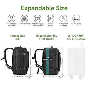 VGOAL Carry on Backpack,40L Expandable Travel Backpacks Weekender Overnight Luggage Bag Extra Large Backpack Fit up to 17.3" Laptop (Black(flight Approved), 45L Expandable With 3 CUBES)