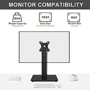 Single Computer Monitor Stand for 13-32 inch Screen, Height Adjustable Monitor Stand, Free Standing Monitor Desk Stand with Swivel, Tilt and Rotation VESA Mount, Black