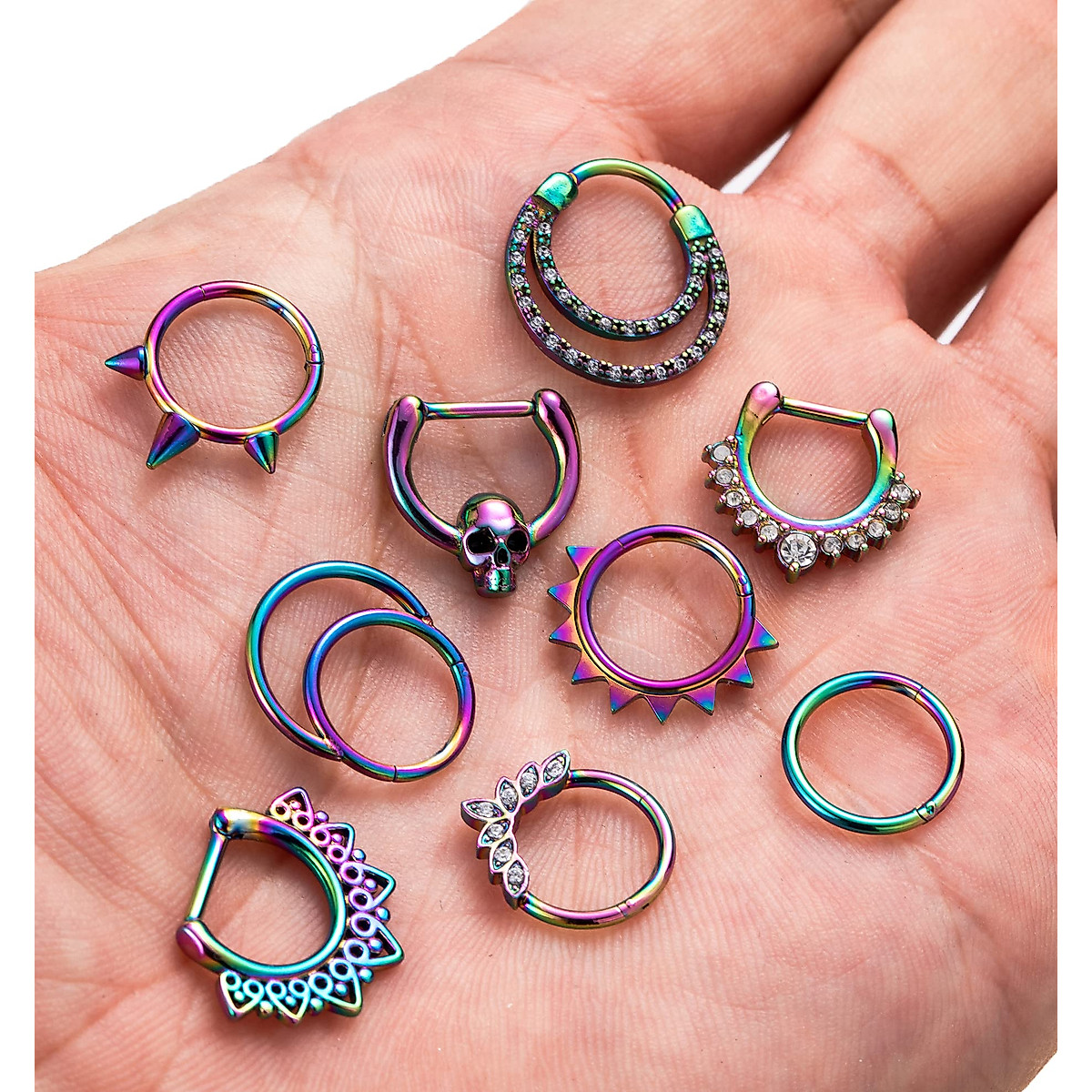 REVOLIA 9Pcs 16G Stainless Steel Septum Rings Clicker Ring Hoop Nose Ring Cartilage Helix Daith Tragus Earring Hinged Piercing C